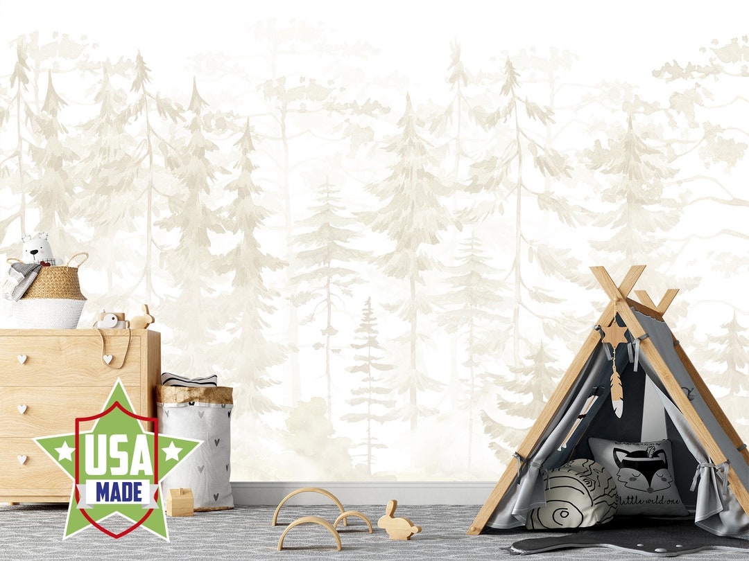 Beige Forest Wallpaper Watercolor for Boy Girl Nursery, Woodland ...