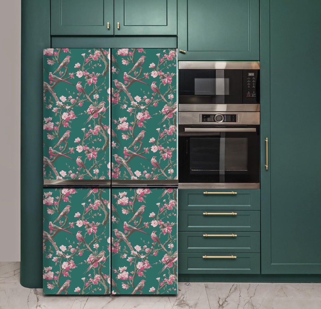 Floral Bird Fridge Wrap Vinyl Refrigerator Decal With Birds & Blossoms ...
