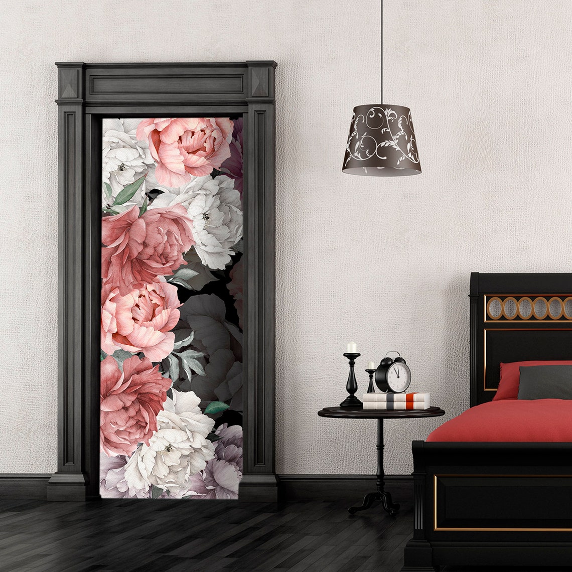 Peony Flower Door Cover, Floral Print Stickers, Dark Floral Sticker ...