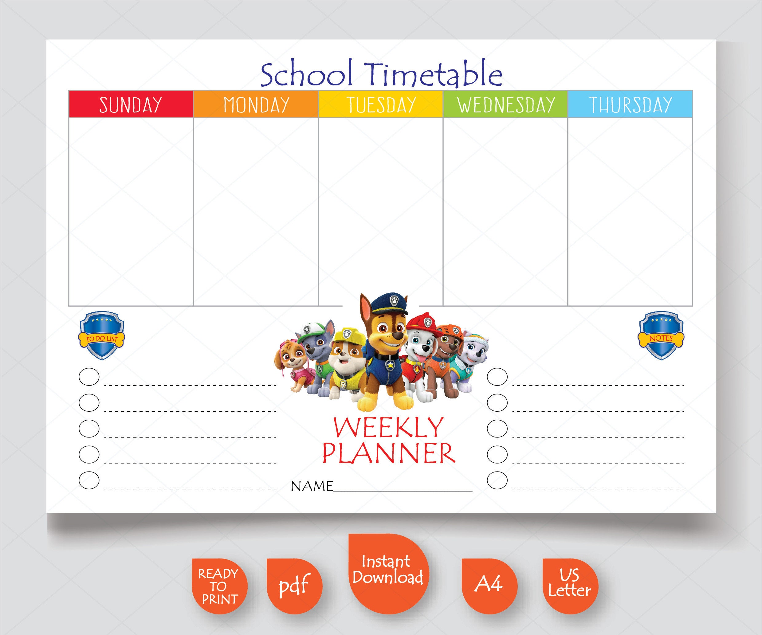 Paw Patrol Timetable for Toddlers Printable Weekly Planner | Etsy