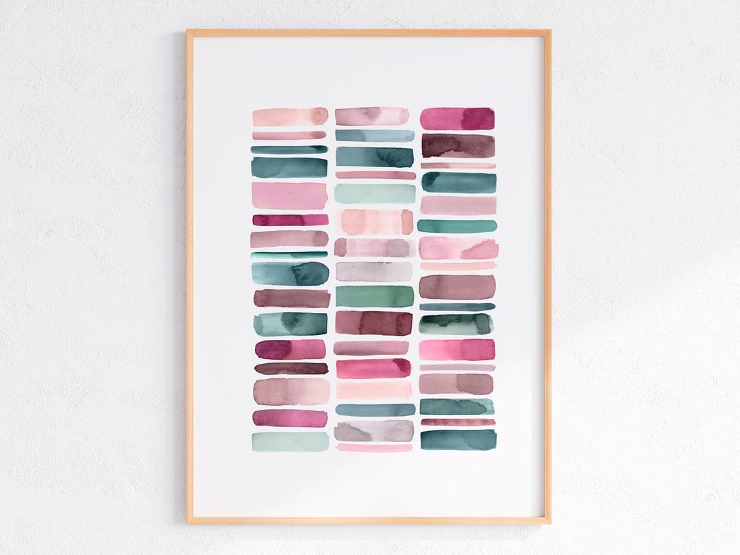 Modern Pink and Green Shapes Art, Simple Watercolor Geometric Wall Art ...