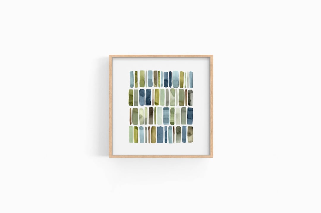 Modern Blue and Green Shapes Art, Simple Watercolor Geometric Wall Art ...
