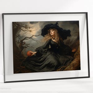 Victorian Witch Oil Painting Wall Art Print Witch With a Black Hat in ...