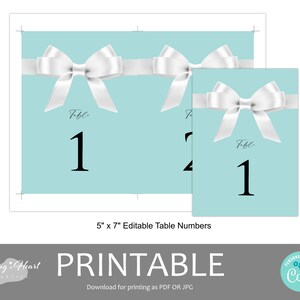 White Bow With Aqua Blue Table Numbers, Bride & Co. Table Number Cards ...