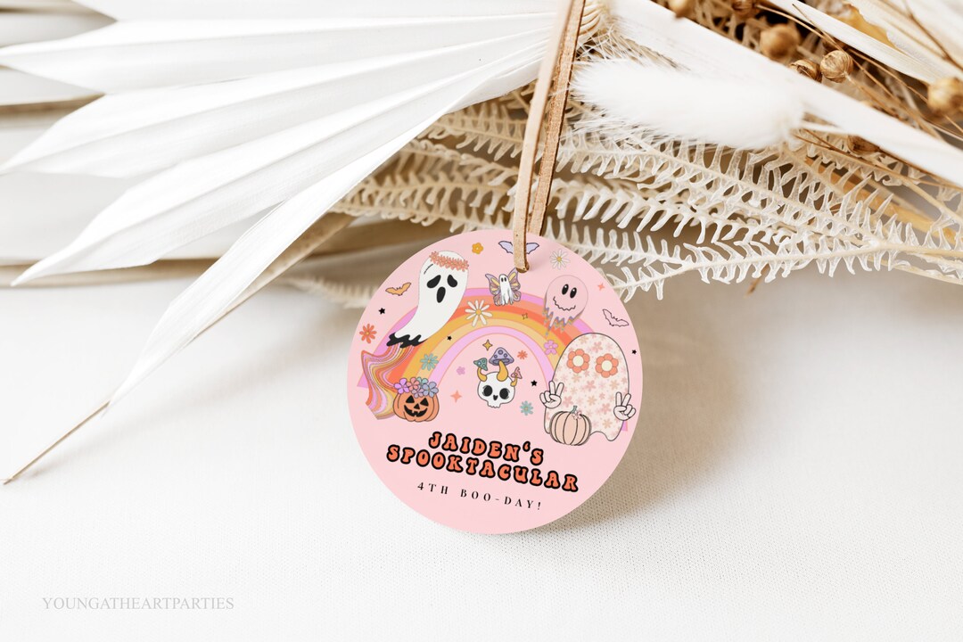 Pink Groovy Halloween Favor Tags , Rainbow Ghost Birthday Thank You ...