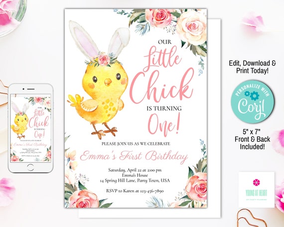 Little Chick Girls Birthday Invitation, Spring Birthday Invitation ...