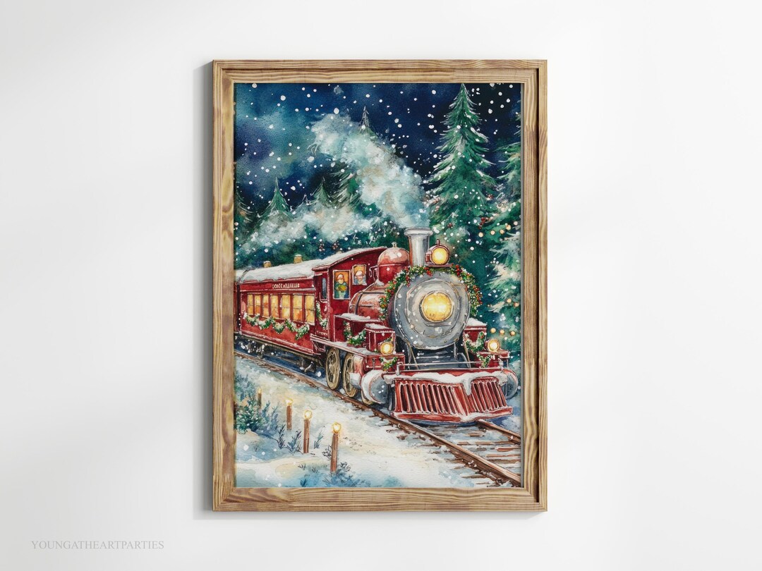 Christmas Train Wall Art Print, Vintage Christmas Train Painting Print ...