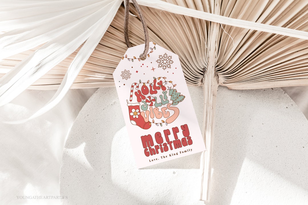 Holly Jolly Vibes Christmas Gift Tag Template, Editable Groovy ...