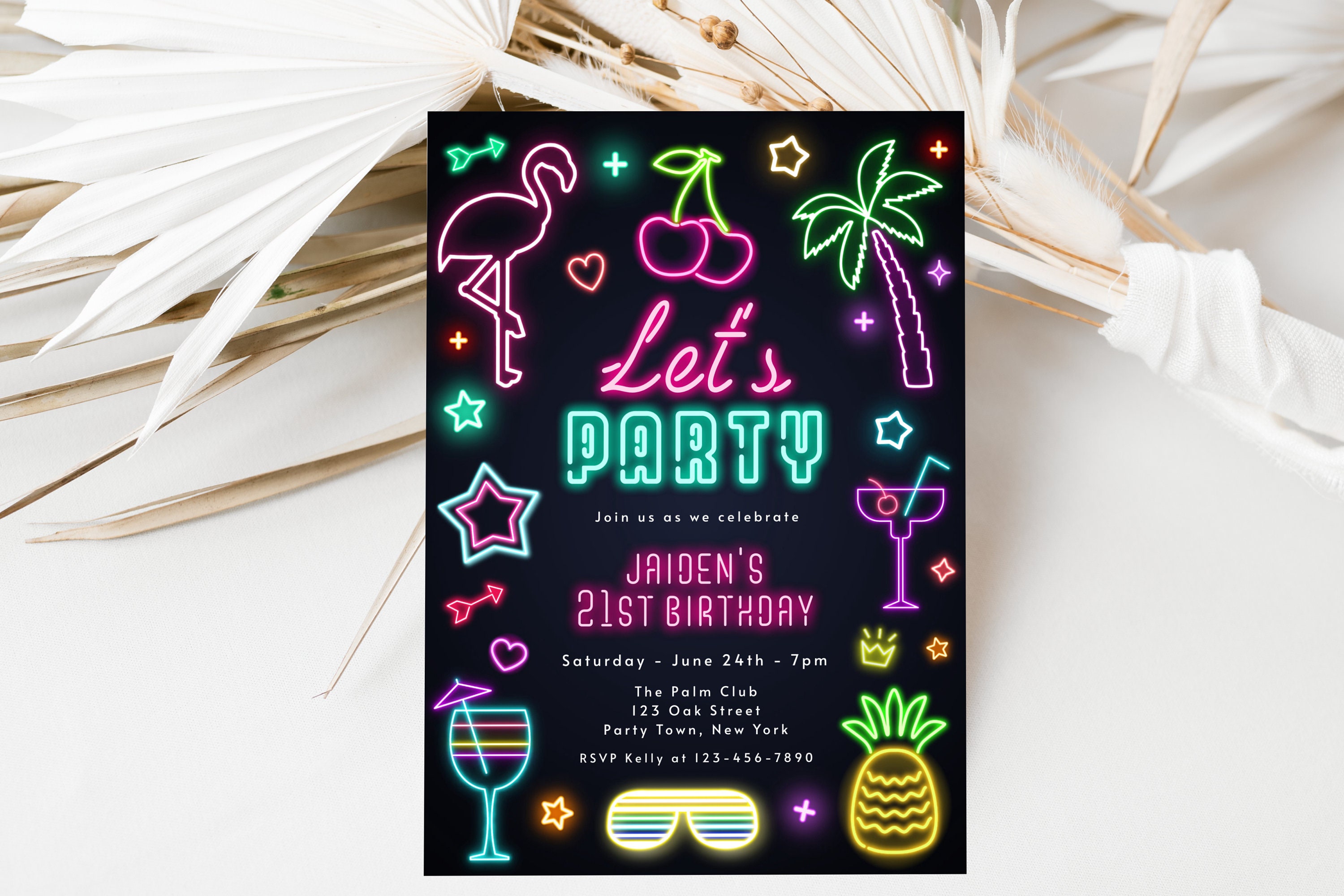 Editable Neon Birthday Party Invitation Neon Invite Template - Etsy UK