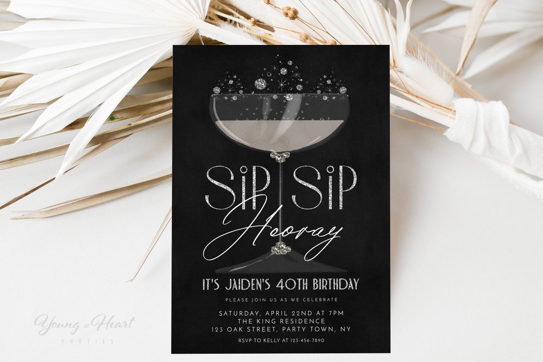 Sip Sip Hooray Birthday Invitation Template, Editable Adult Surprise ...