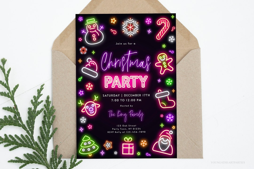 Neon Christmas Party Invitation Template, Editable Neon Holiday Party ...