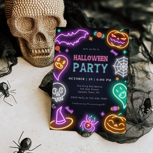 Neon Halloween Party Invitation Template Editable Halloween - Etsy