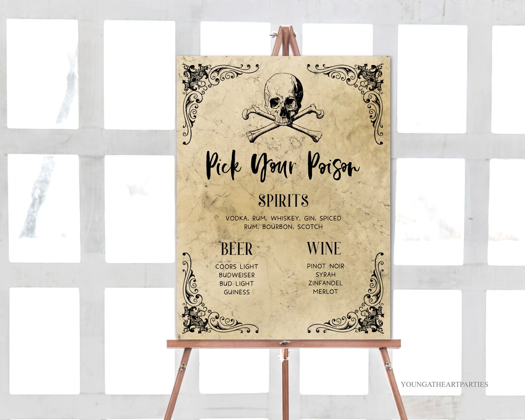 Editable Halloween Vintage Skull Bar Menu Sign, Poison Bar Menu ...