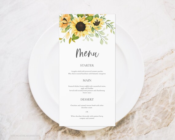 Sunflower Menu Card Template, Bridal Shower Menu, Wedding Menu, Instant ...