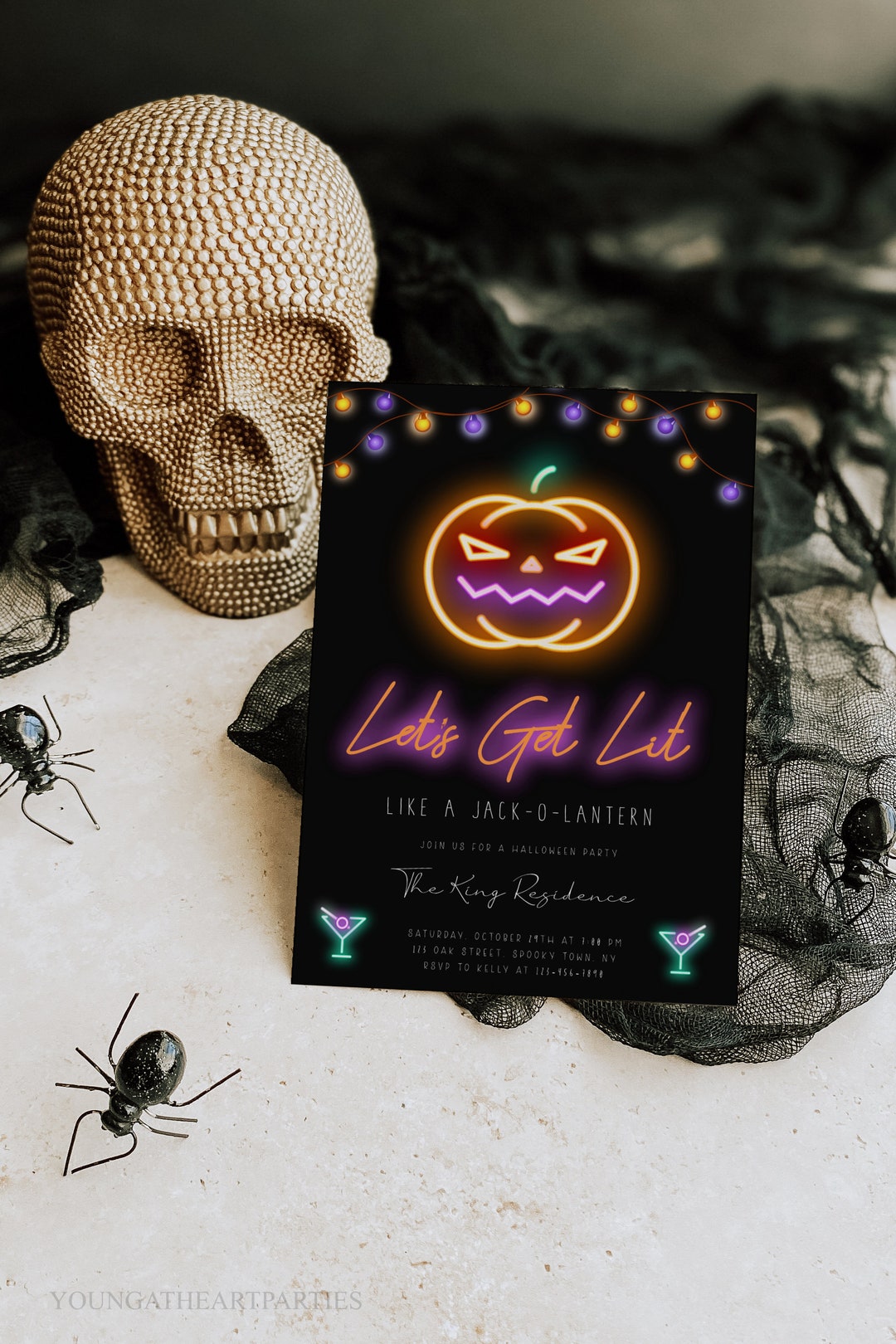 Editable Let's Get Lit Halloween Party Invitation, Neon Lights ...