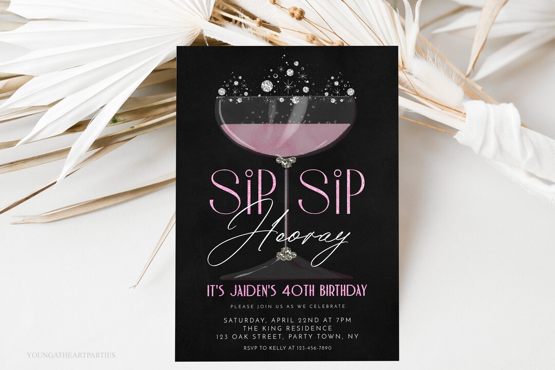 Pink Sip Sip Hooray Birthday Invitation, Editable Adult Surprise Party ...