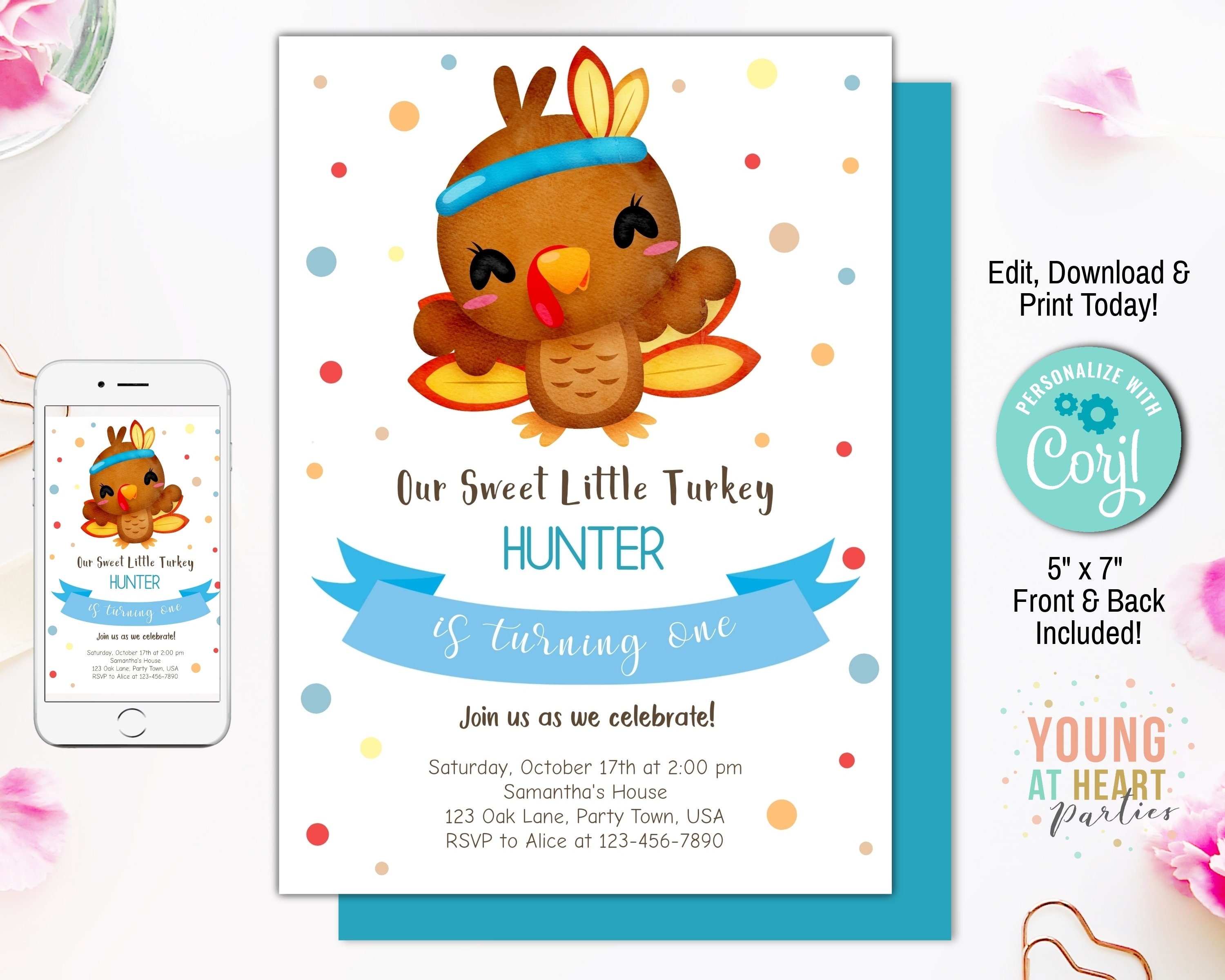 Paper Editable Watercolor Turkey Birthday Invite Instant Access Turkey ...