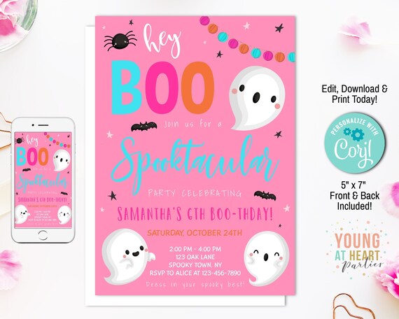 Pink Halloween Ghost Birthday Invitation Girly Cute Spooky Ghost ...