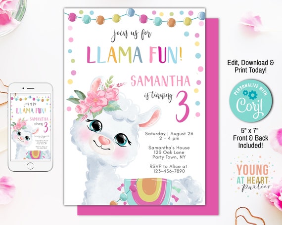 Editable Llama Fun Birthday Invitation Fiesta Llama Cactus Mexican ...