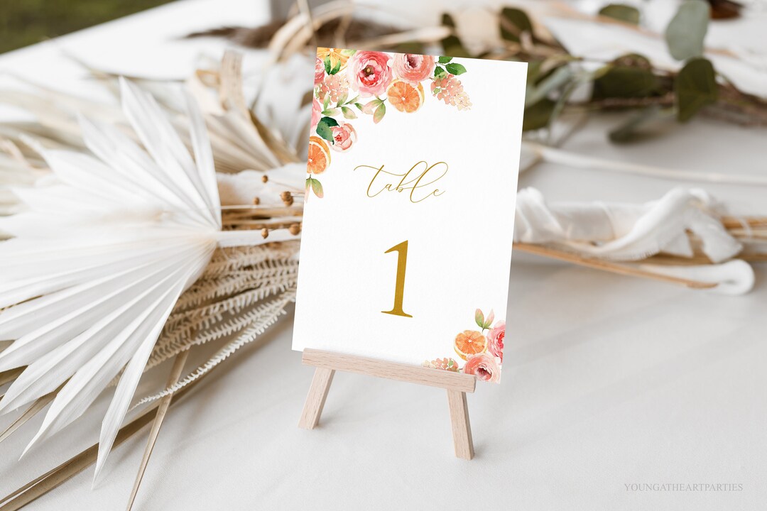 Pink Floral Citrus Table Numbers Template, Citrus Table Number Signs ...