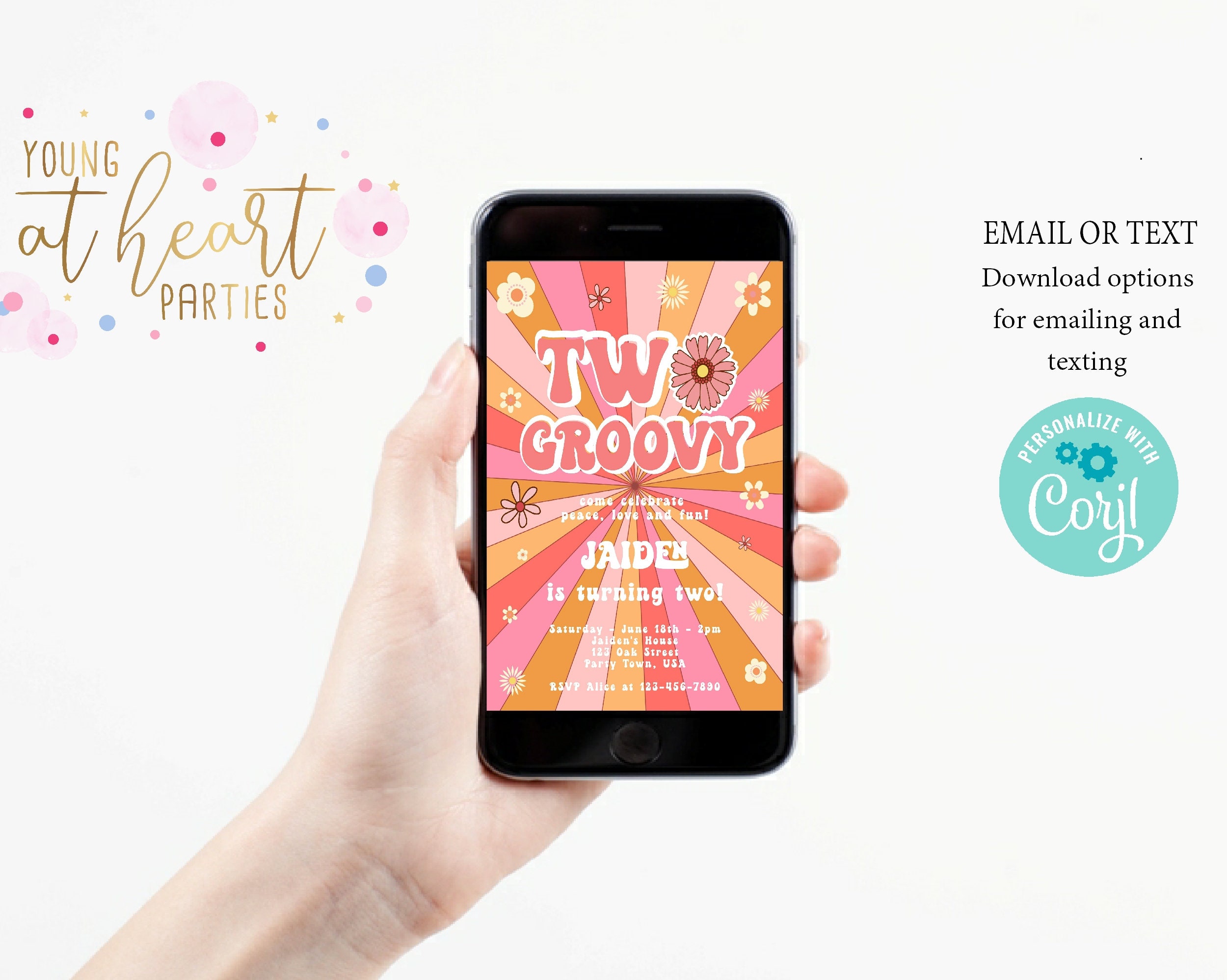 Two Groovy Birthday Party Invitation Template Peace Love - Etsy