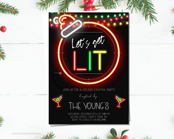 Editable Let's Get Lit Invitation Holiday Cocktail Party - Etsy