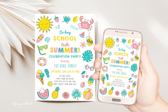 End of School Party Invitation Template, So Long School, Hello Summer ...
