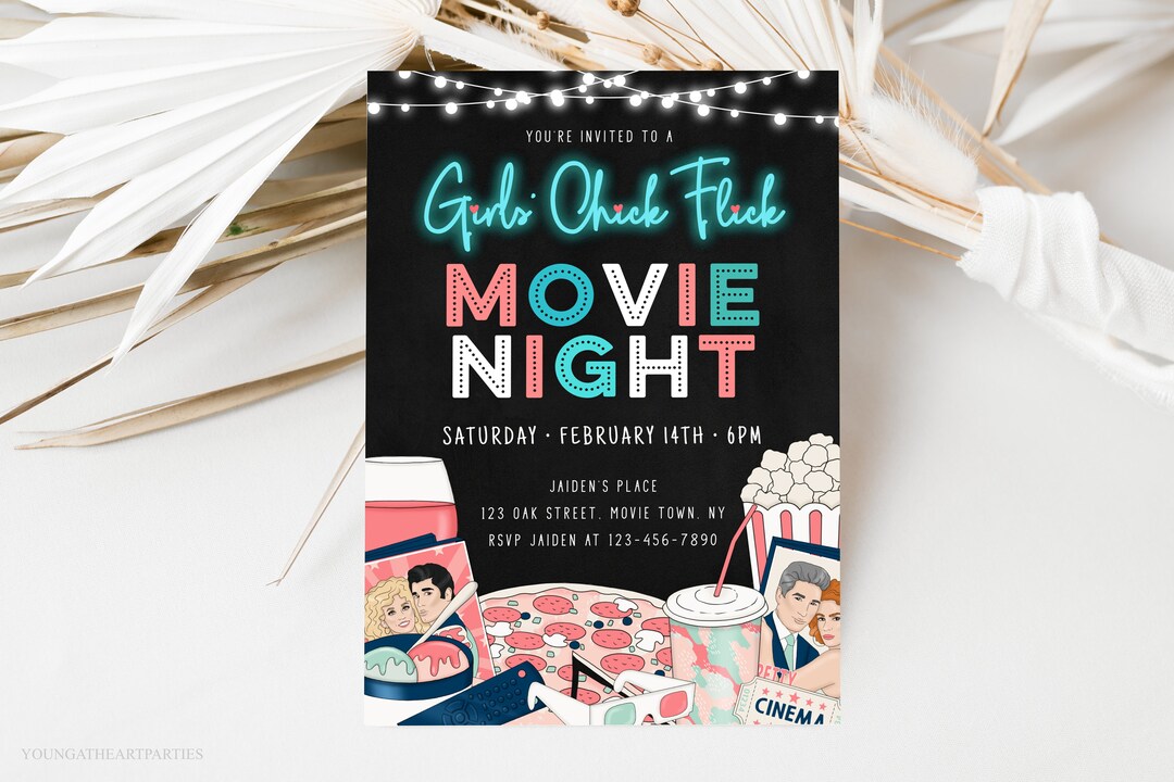 Ladies Movie Night Party Invitation Template, Chick Flick Party, Ladies ...