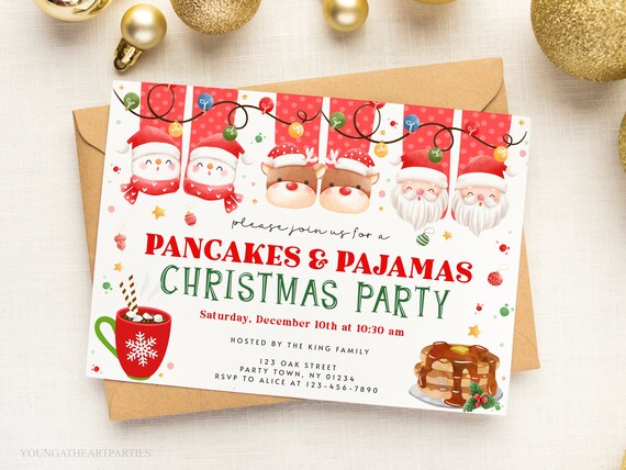 Editable Cute Pancakes And Pajamas Party Invitation Pancakes And