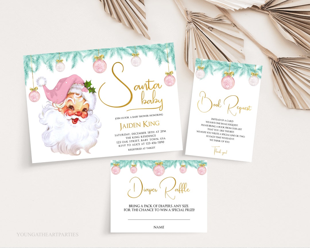Pink Pastel Santa Baby Shower Invitation Bundle, Editable Pink ...