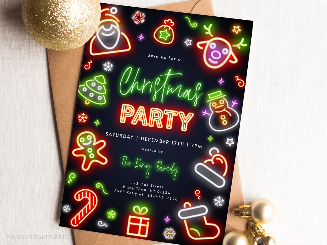 Editable Neon Christmas Party Invitation, Neon Holiday Party Invitation ...