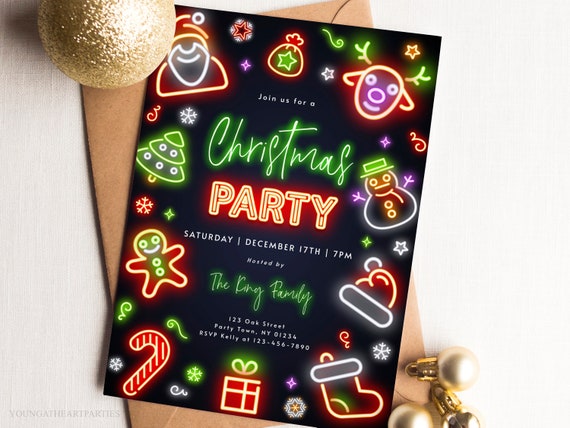 Editable Neon Christmas Party Invitation, Neon Holiday Party Invitation ...