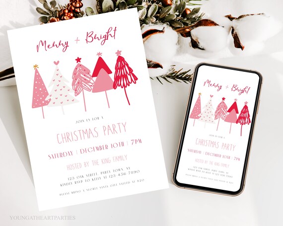 Pink and Red Christmas Party Invitation Template, Editable Modern ...
