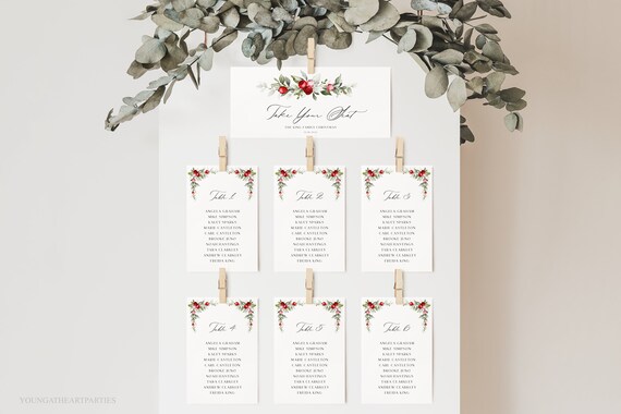Christmas Seating Card Chart Template, Editable Holly Berry Holiday ...