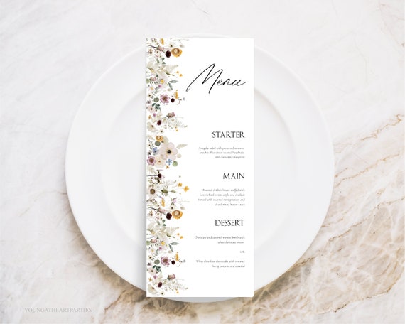 Editable Wildflower Menu Card, Floral Menu Template, Boho Wedding Menu ...