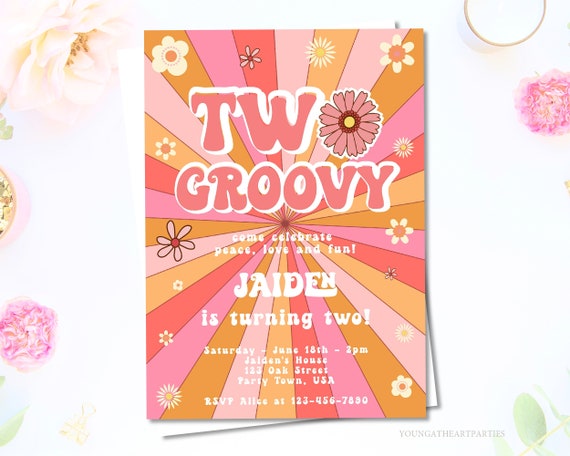 Two Groovy Birthday Party Invitation Template Peace Love | Etsy