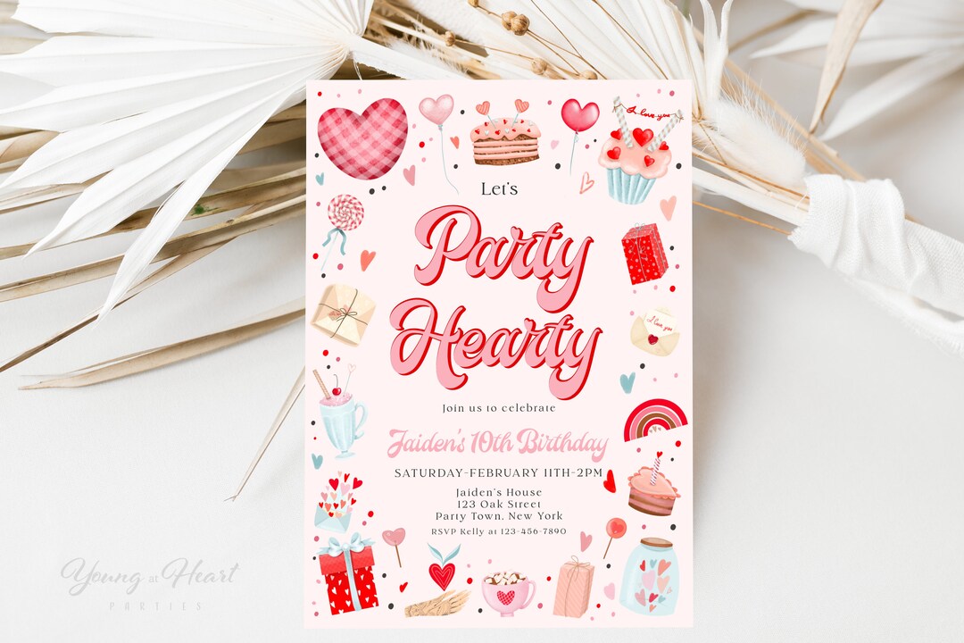 Editable Boho Valentine's Birthday Party Invitation, Party Hearty ...