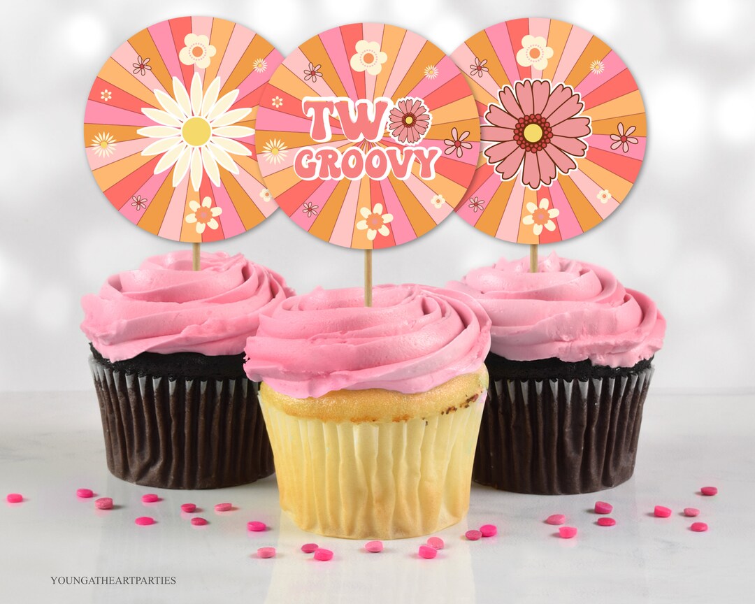 Two Groovy Birthday Cupcake Toppers, Peace Love Party Favor Tags, Pink ...