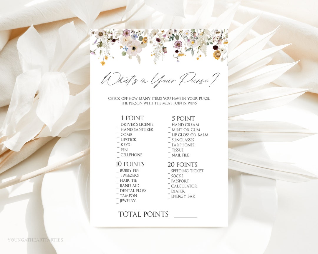 Wildflower What's in Your Purse? Game, Printable Bridal Shower Game ...