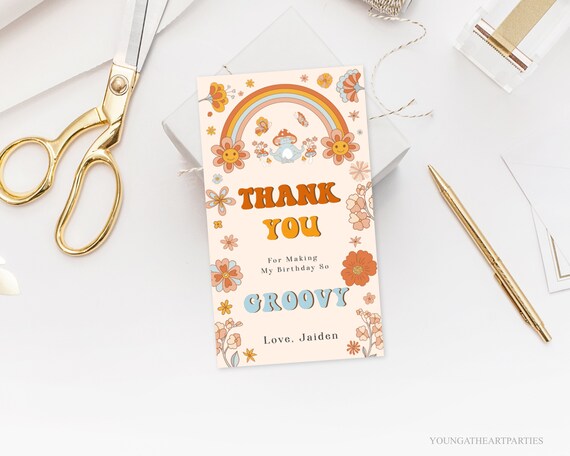 Retro Groovy Birthday Party Favor Tag Template, Editable Peace Love ...