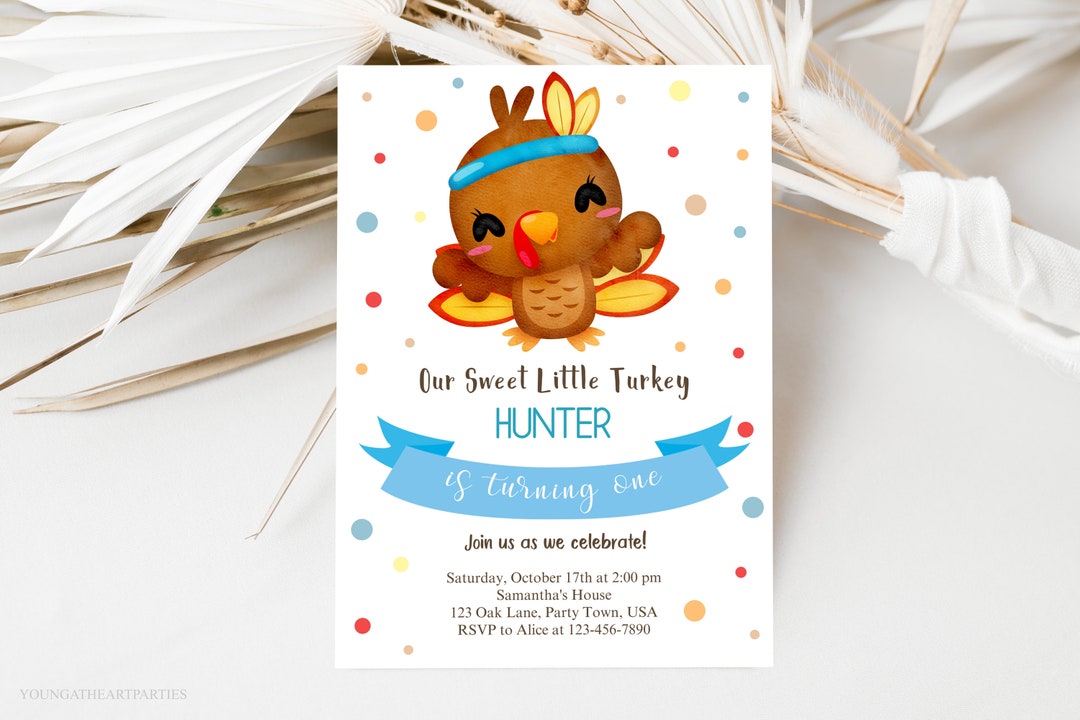 Cute Turkey Birthday Party Invitation Template, Boy's Fall First ...