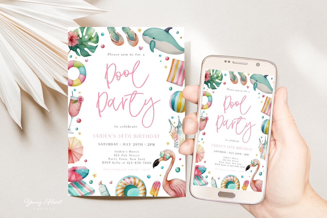 Girls Pool Party Invitation Birthday Template, Tropical Pool Party ...