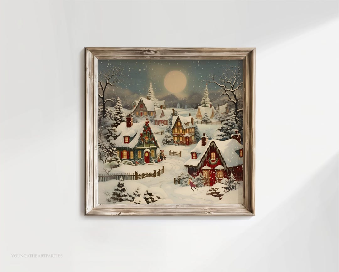 Victorian Christmas Village Scene Art Print, Vintage Christmas Town ...