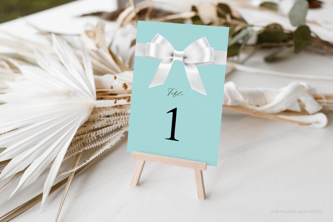 White Bow With Aqua Blue Table Numbers, Bride & Co. Table Number Cards ...