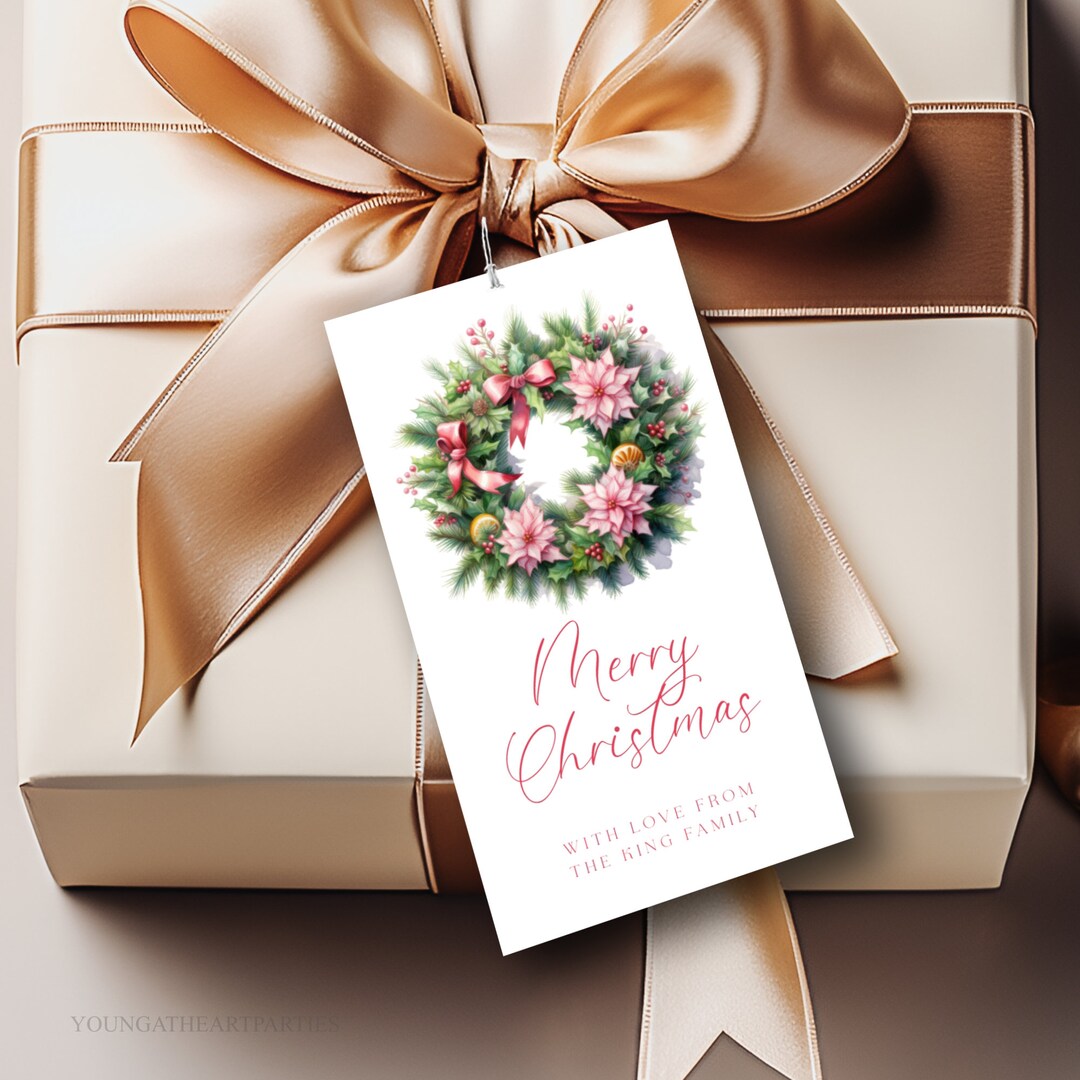 Pink Poinsettia Christmas Gift Tag Template Elegant Christmas Wreath ...