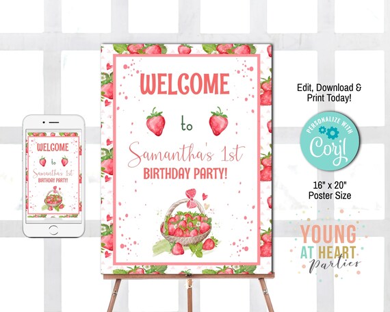 Strawberry Welcome Sign, Berry Sweet Birthday, Strawberry Birthday ...