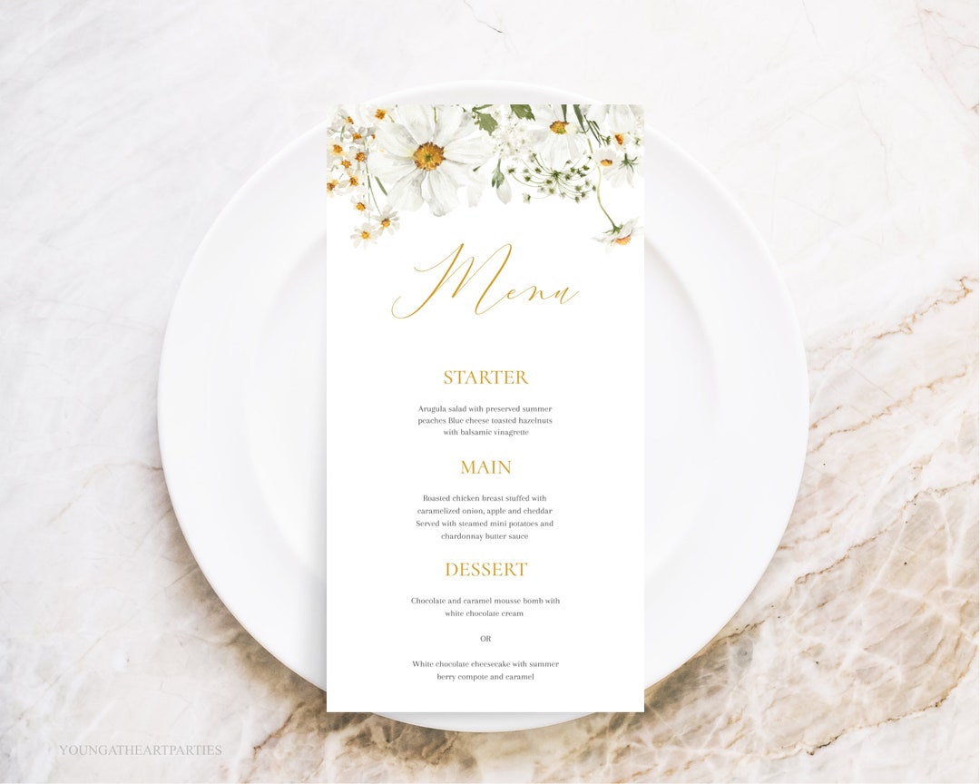 Daisy Menu Card Template, Editable Menu Template, Yellow White Flowers ...