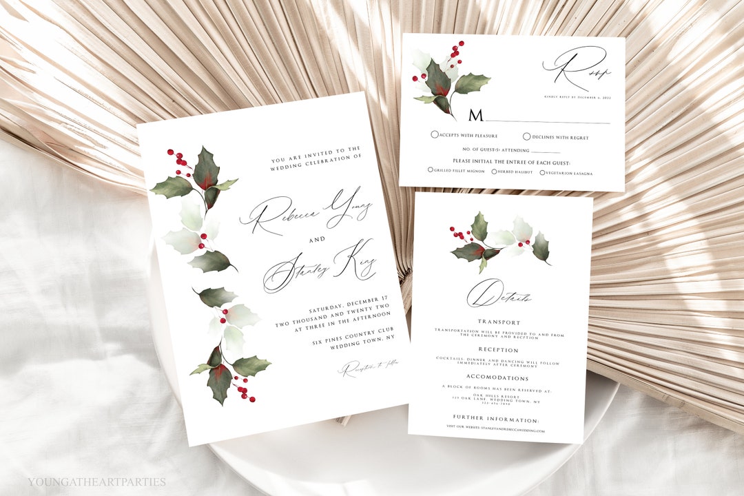 Minimalist Christmas Wedding Invitation Set, Editable Winter Berry Wedding Invitation Suite ...