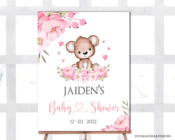 Editable Pink Teddy Bear Baby Shower Welcome Sign Girl Boho Baby Shower ...