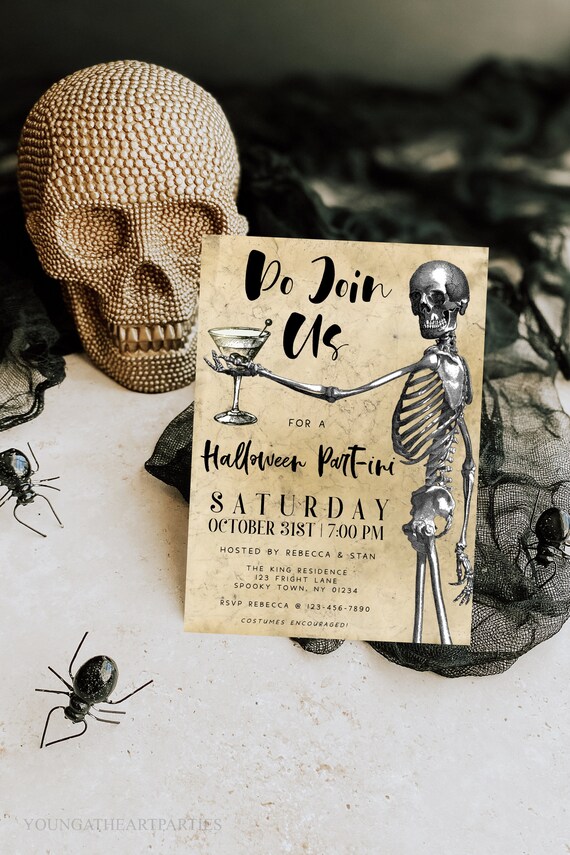 Editable Vintage Skeleton Halloween Invite, Adult Halloween Party ...
